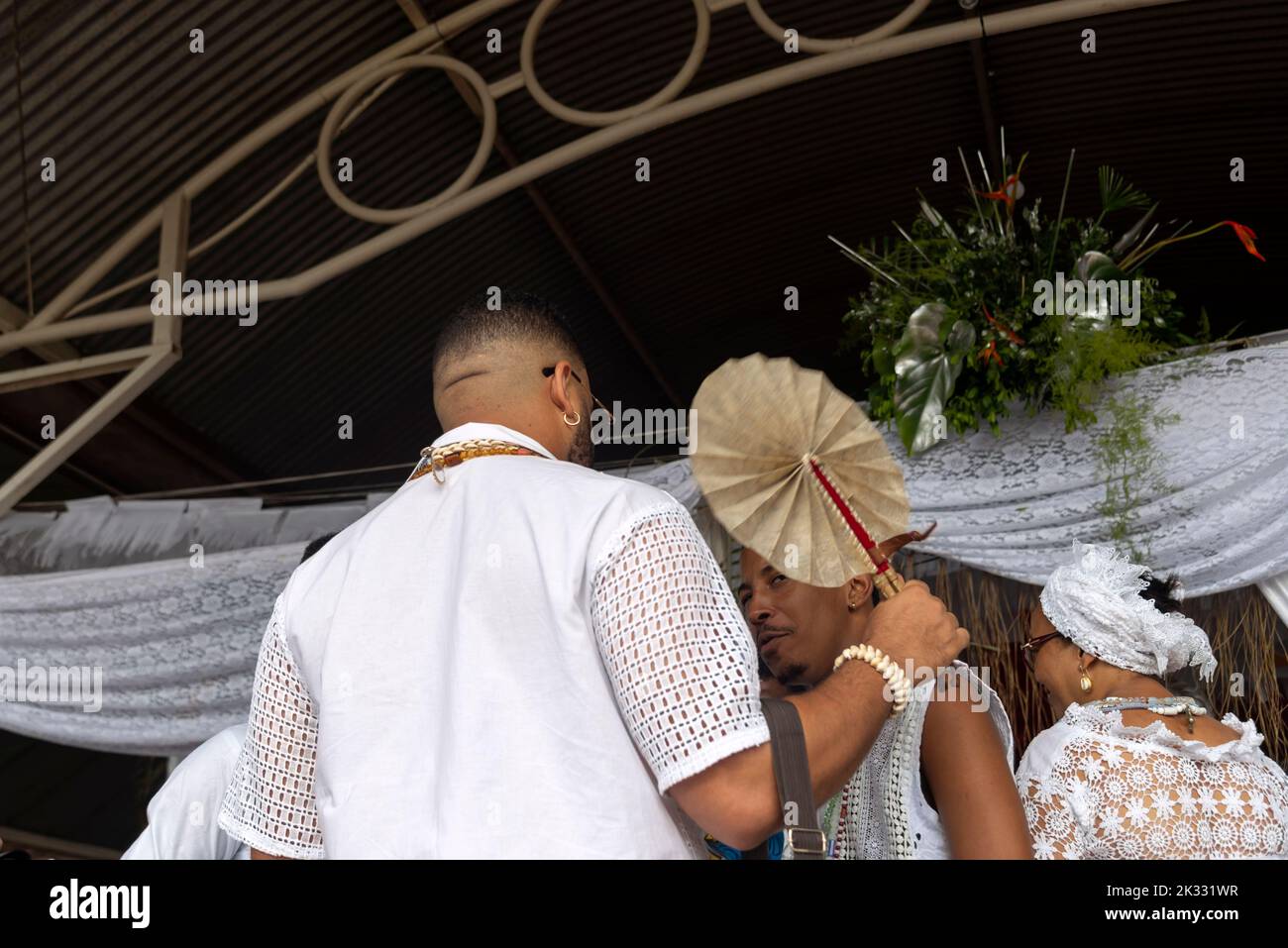 A closeup of the Members of the Candomble religion during a religious ...