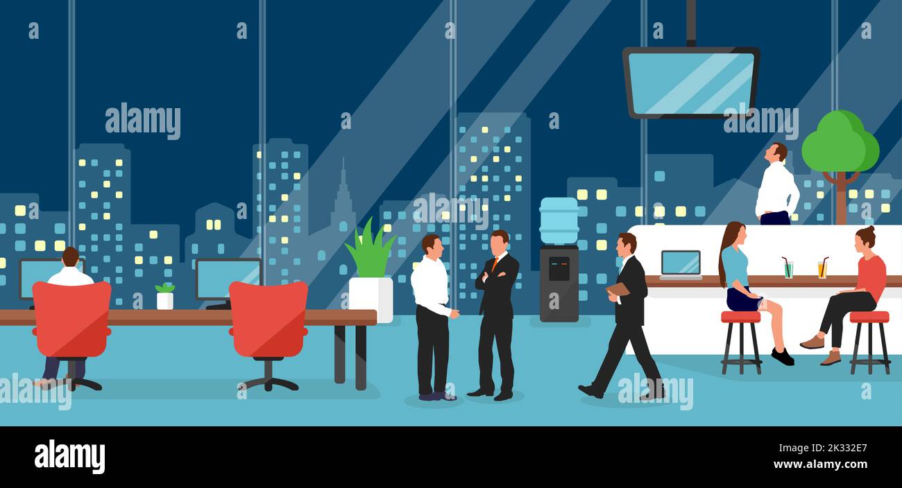 Modern office and workers horizontal vector illustration (evening Stock ...