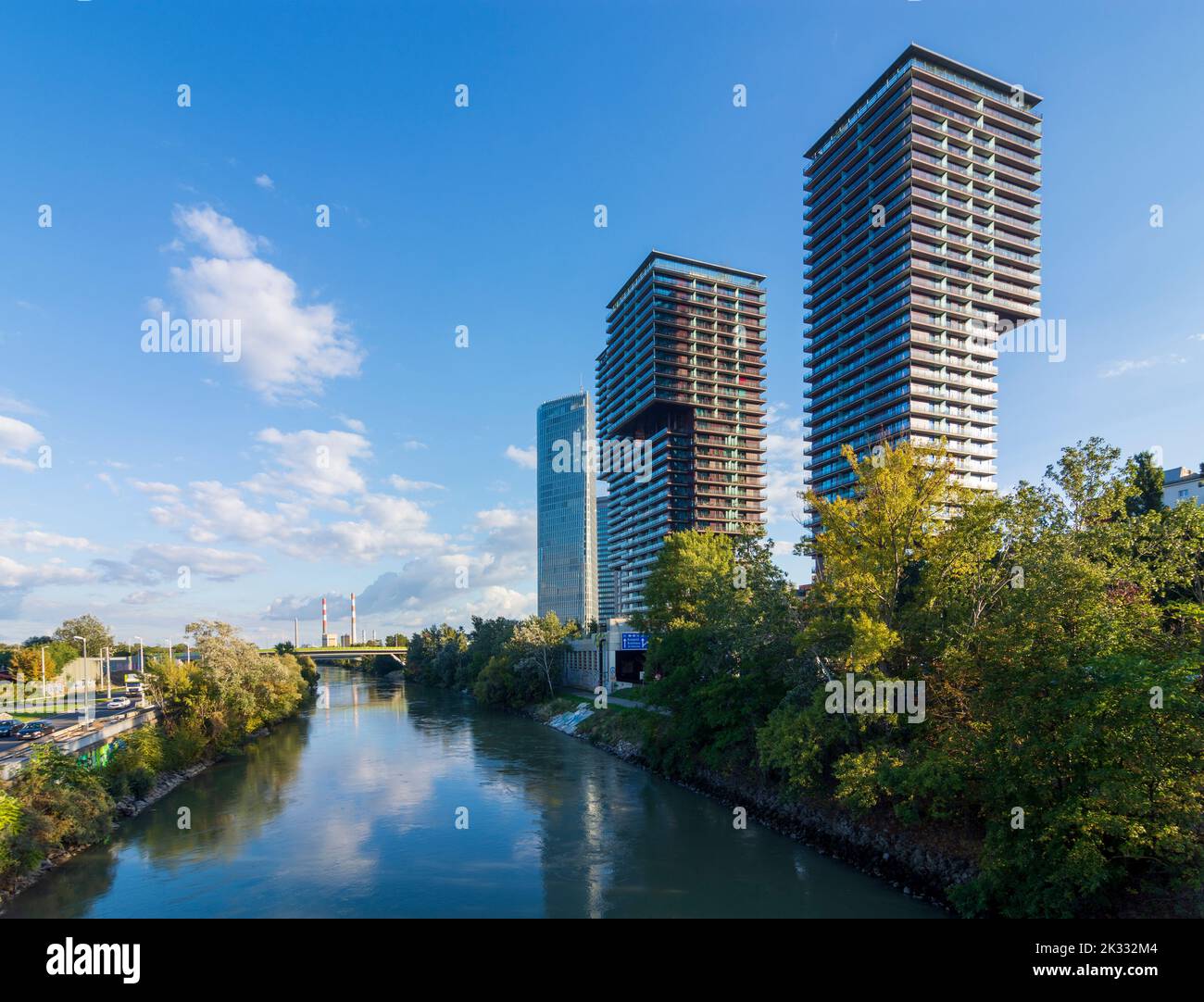 Wien, Vienna: high-rises TrIIIple Towers, Austro Tower (back), river ...