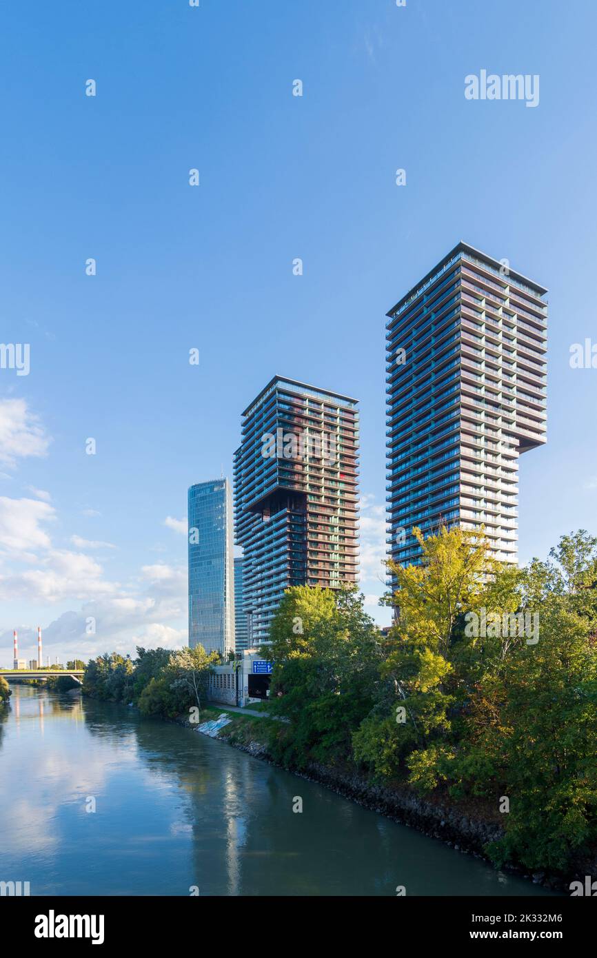 Wien, Vienna: high-rises TrIIIple Towers, Austro Tower (back), river ...