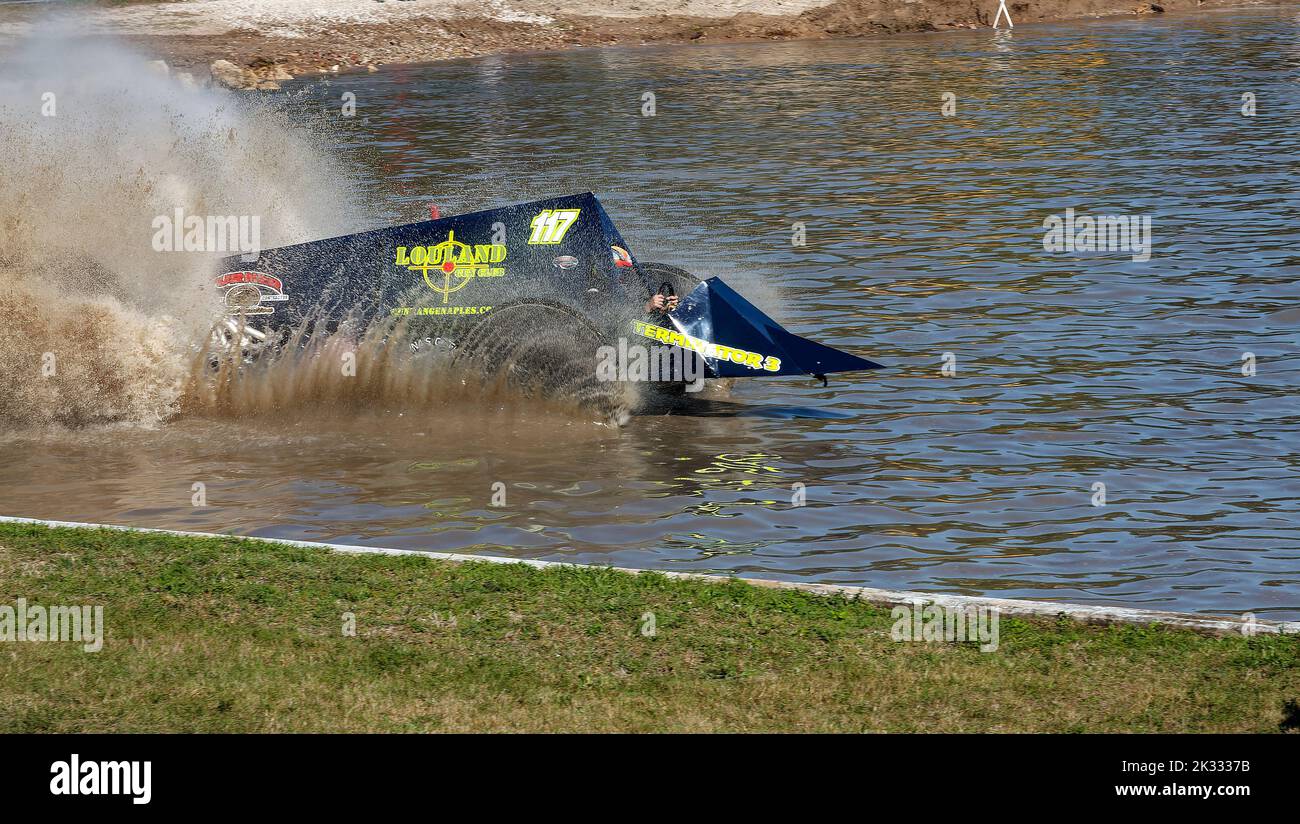 swamp buggy racing, very large water spray, close-up, action, contest ...