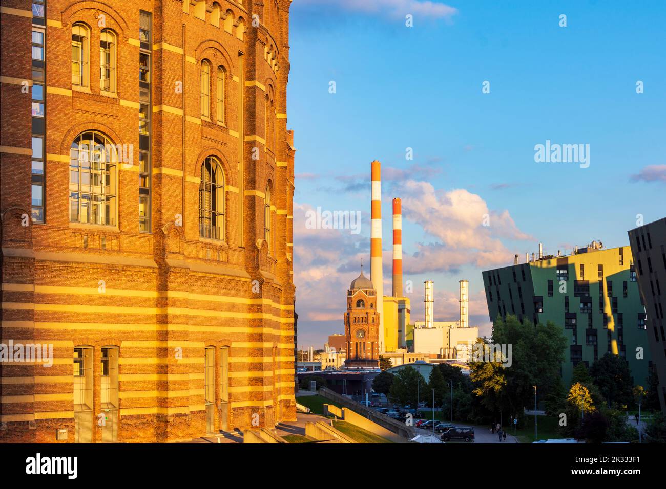 Wien, Vienna: Gasometer (left), water tower of former gas works ...