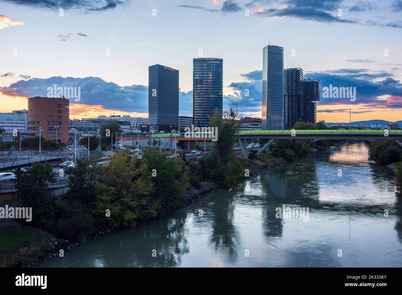 Wien, Vienna: river Donaukanal, high-rises Wien Energie headquarters ...