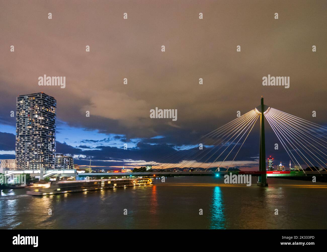 Wien, Vienna: river Donau (Danube), Marina Tower, subway bridge U2 ...