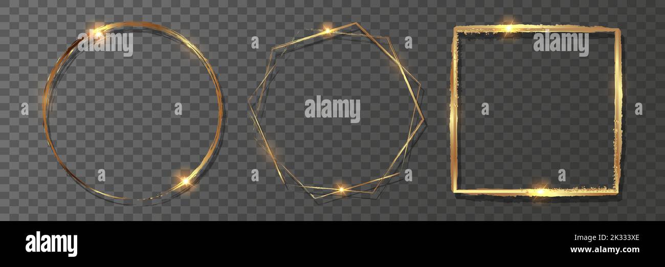 Set of golden realistic frames. Shiny geometric borders. Transparent background. Vector ...
