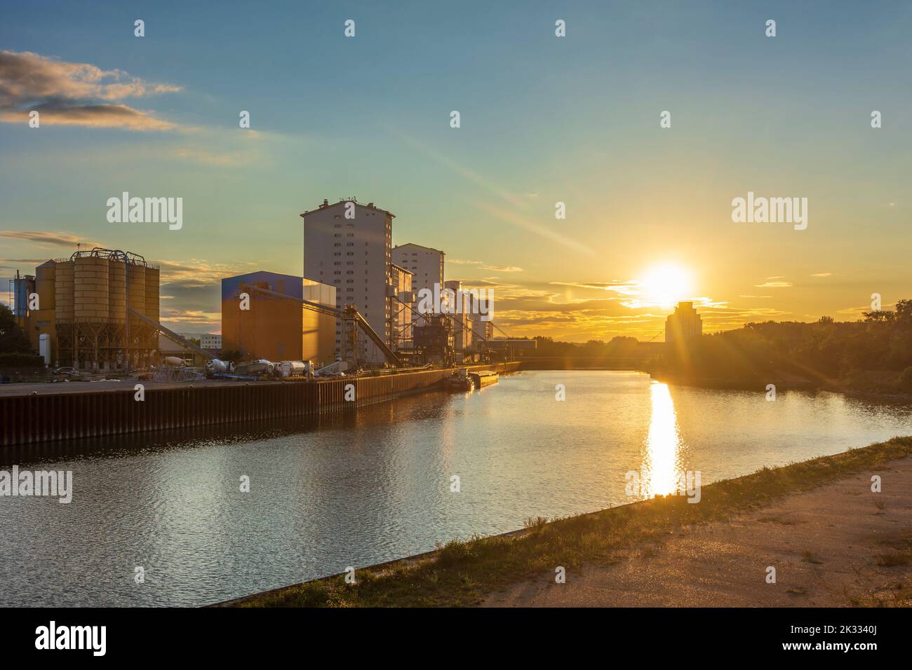 Wien, Vienna: port Alberner Hafen, cargo ship, warehouses, sunset in 11 ...