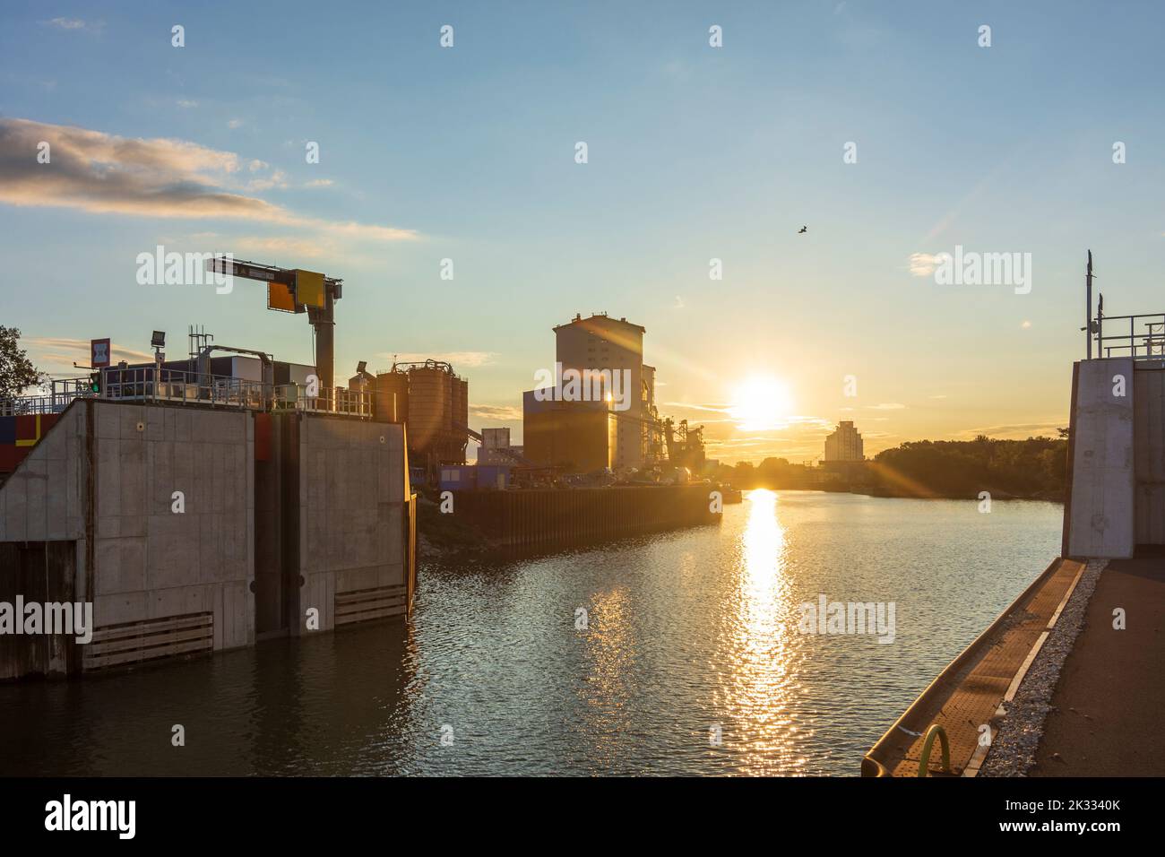 Wien, Vienna: port Alberner Hafen, cargo ship, warehouses, sunset in 11 ...