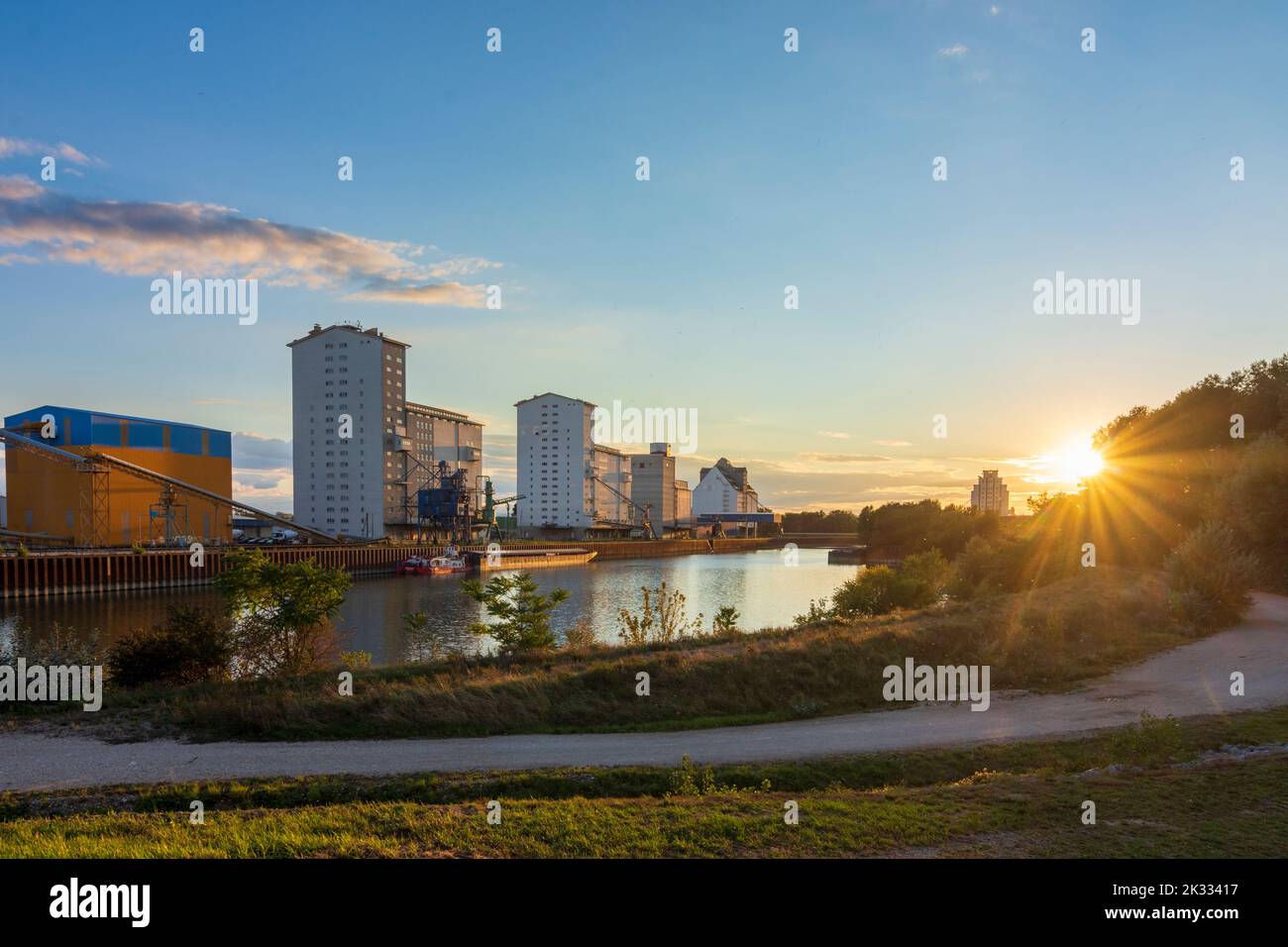 Wien, Vienna: port Alberner Hafen, cargo ship, warehouses, sunset in 11 ...