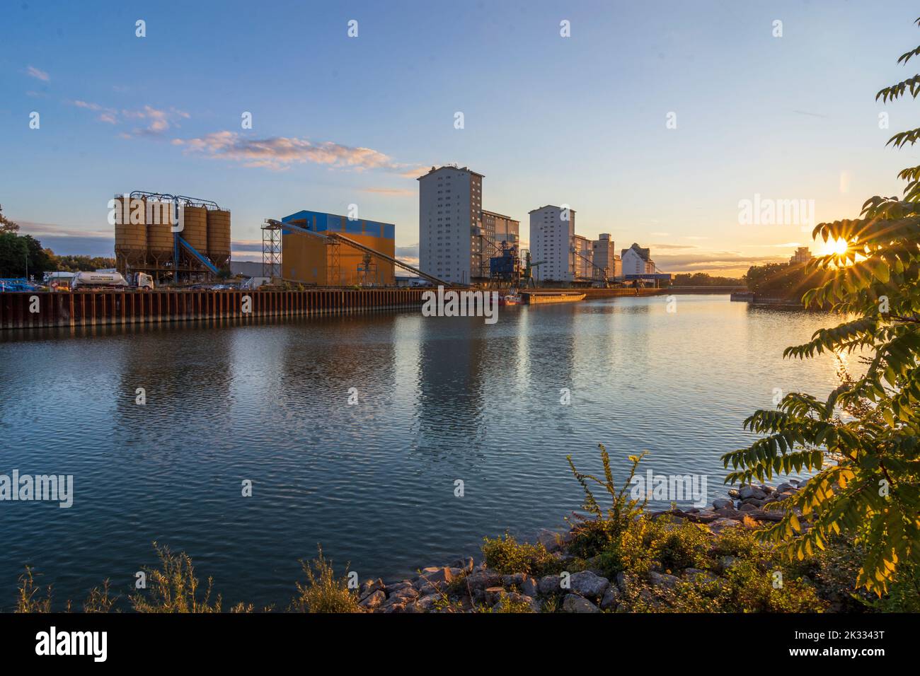 Wien, Vienna: port Alberner Hafen, cargo ship, warehouses, sunset in 11 ...