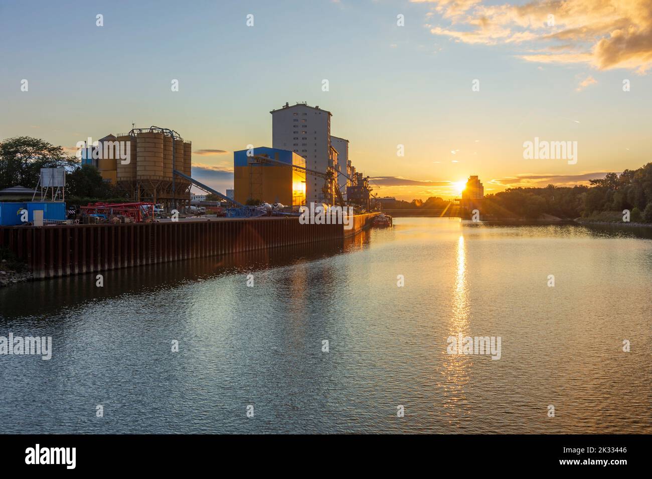 Wien, Vienna: port Alberner Hafen, cargo ship, warehouses, sunset in 11 ...