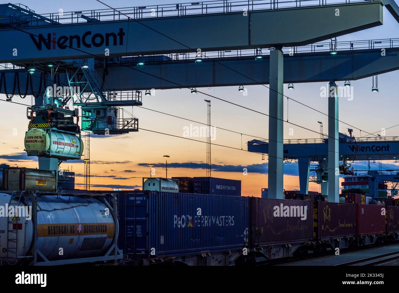 Wien, Vienna: moving gantry cranes in container terminal of port ...