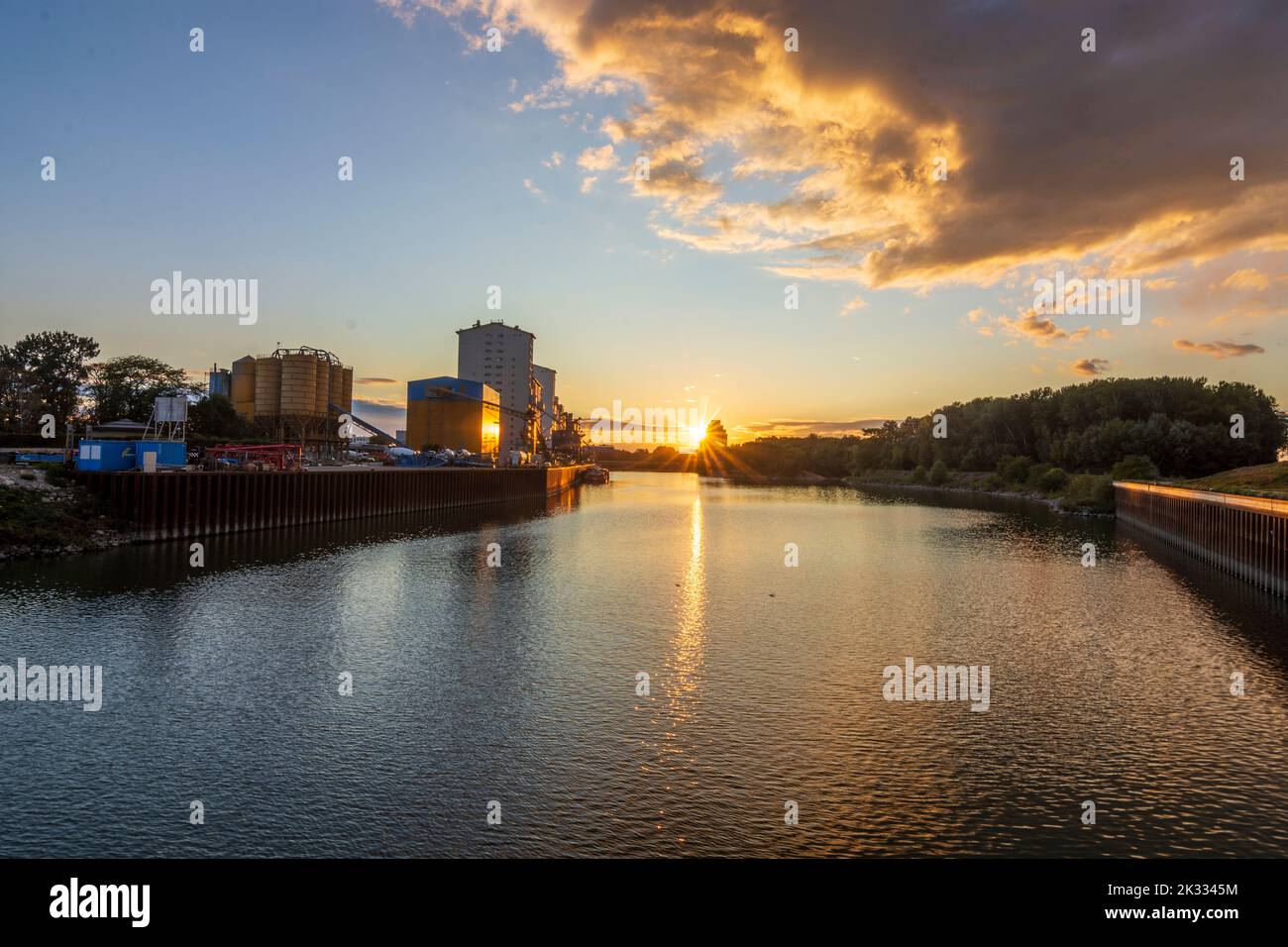 Wien, Vienna: port Alberner Hafen, cargo ship, warehouses, sunset in 11 ...