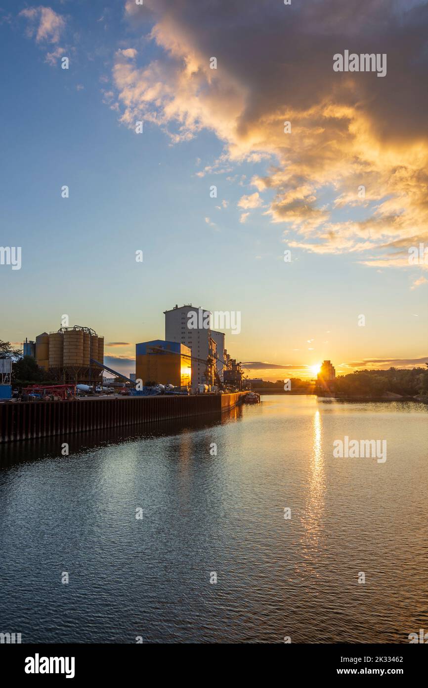 Wien, Vienna: port Alberner Hafen, cargo ship, warehouses, sunset in 11 ...