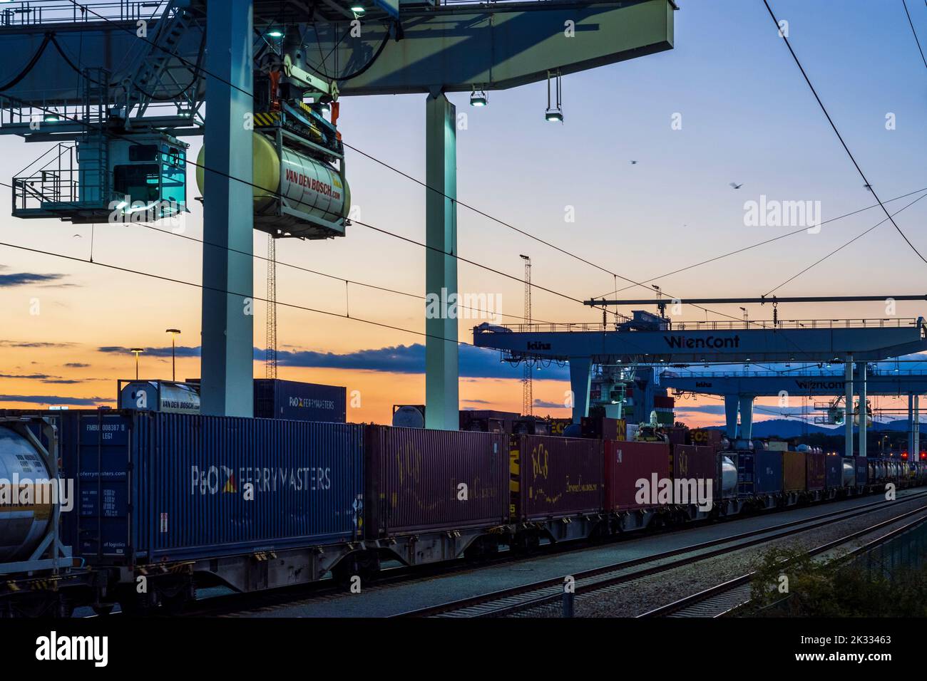 Wien, Vienna: moving gantry cranes in container terminal of port ...