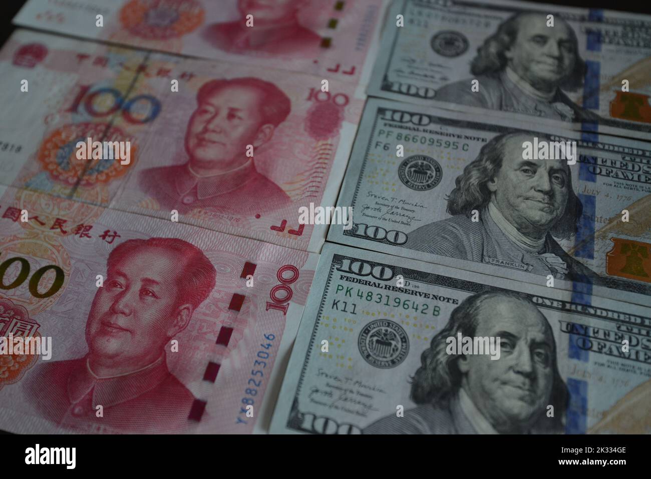 FUYANG, CHINA - SEPTEMBER 24, 2022 - Chinese RMB and US dollars, Fuyang ...