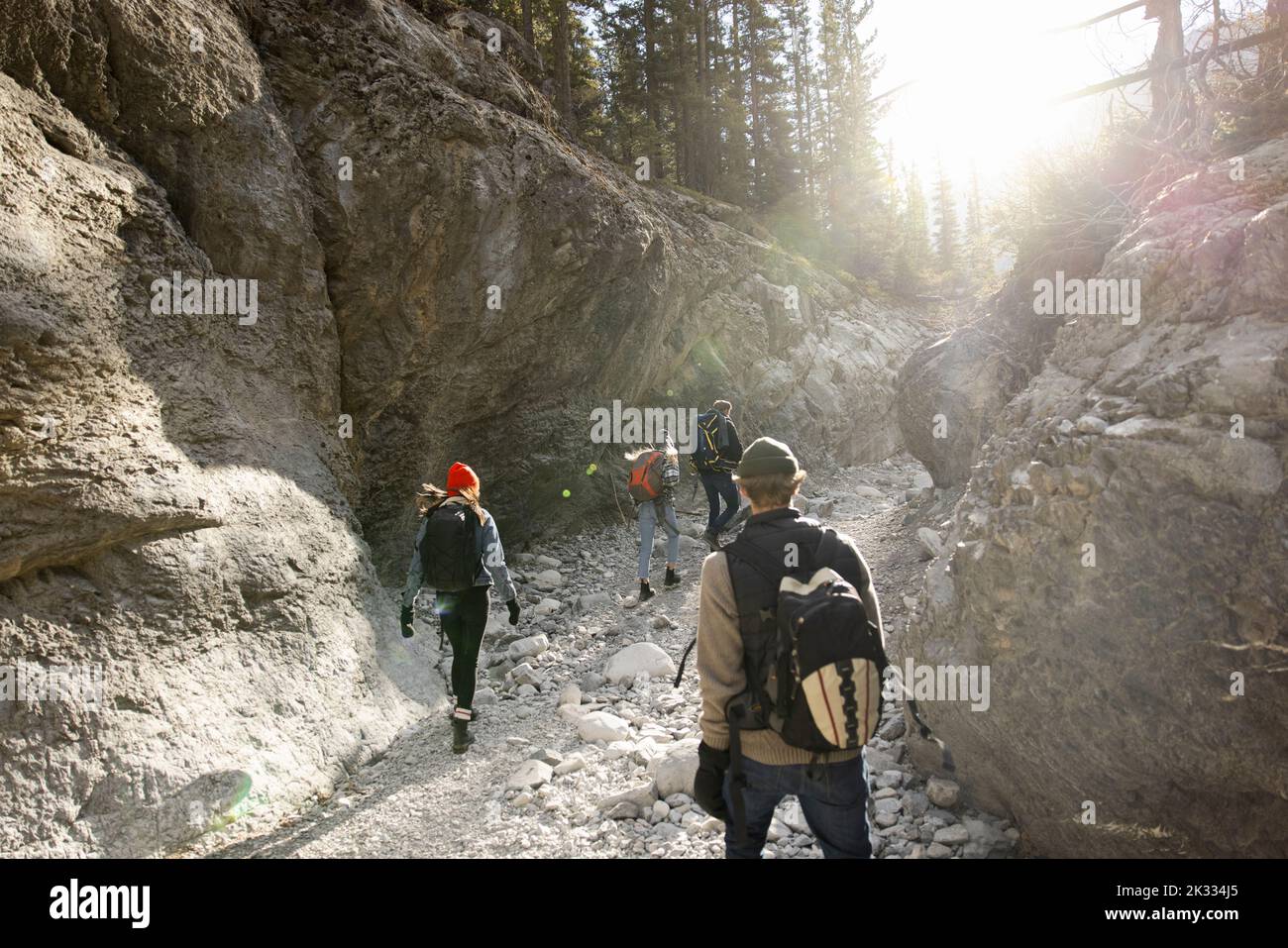 Group of people hiking in gorge Stock Photo - Alamy
