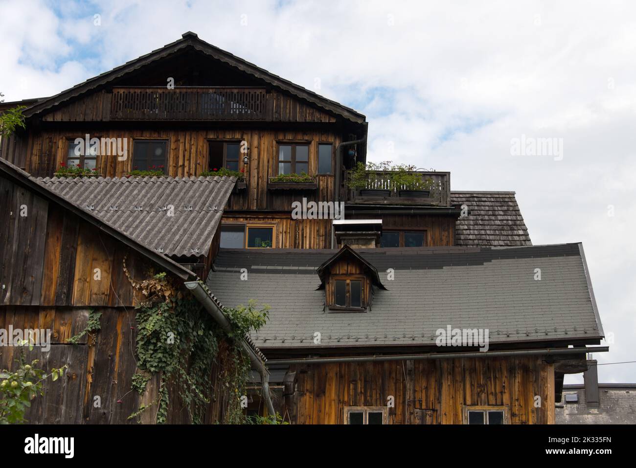 partial closeup view of old wood wooden timber hillside houses in ...