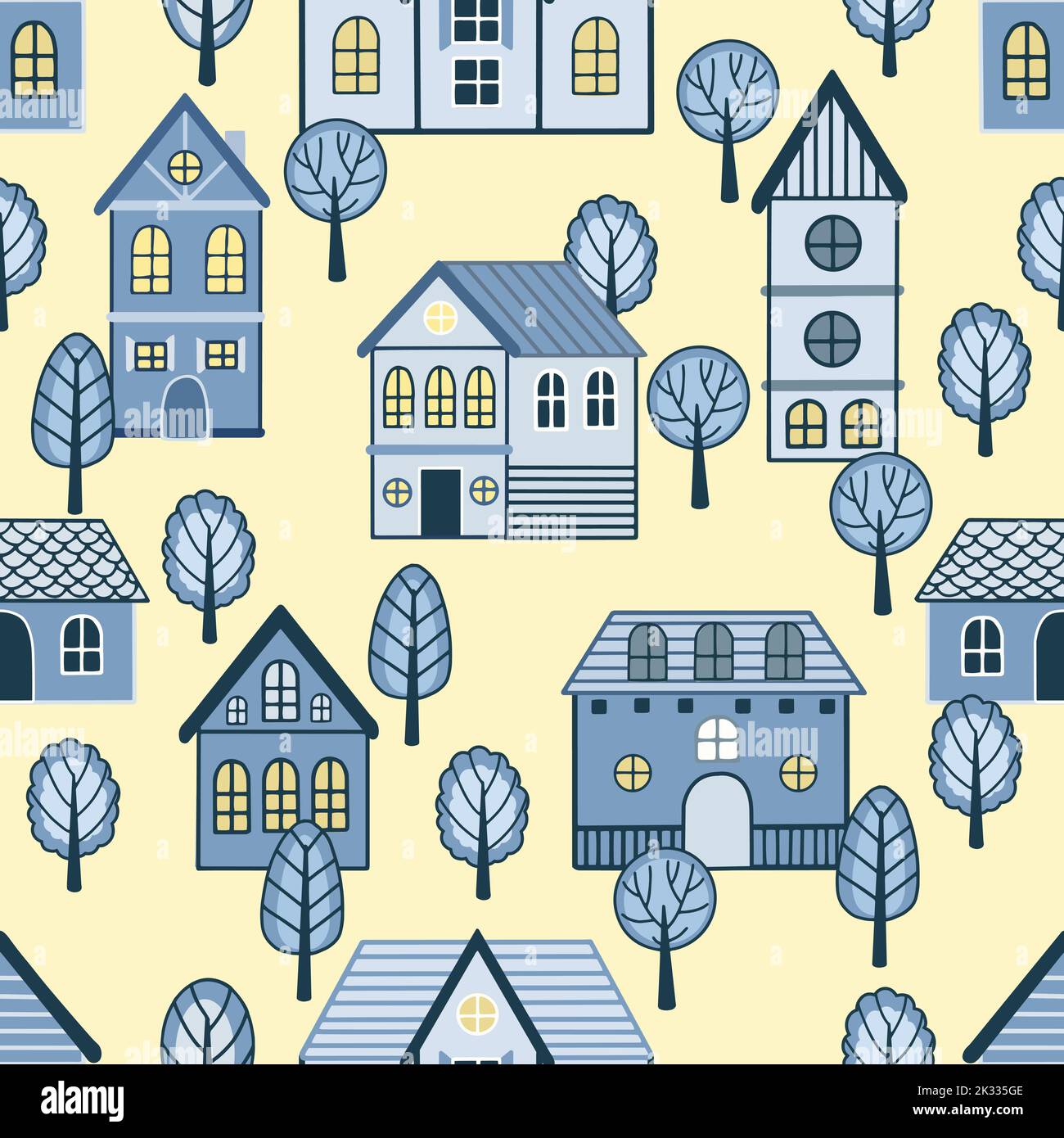 Vector Seamless pattern with hand drawn tree and house. Great for ...