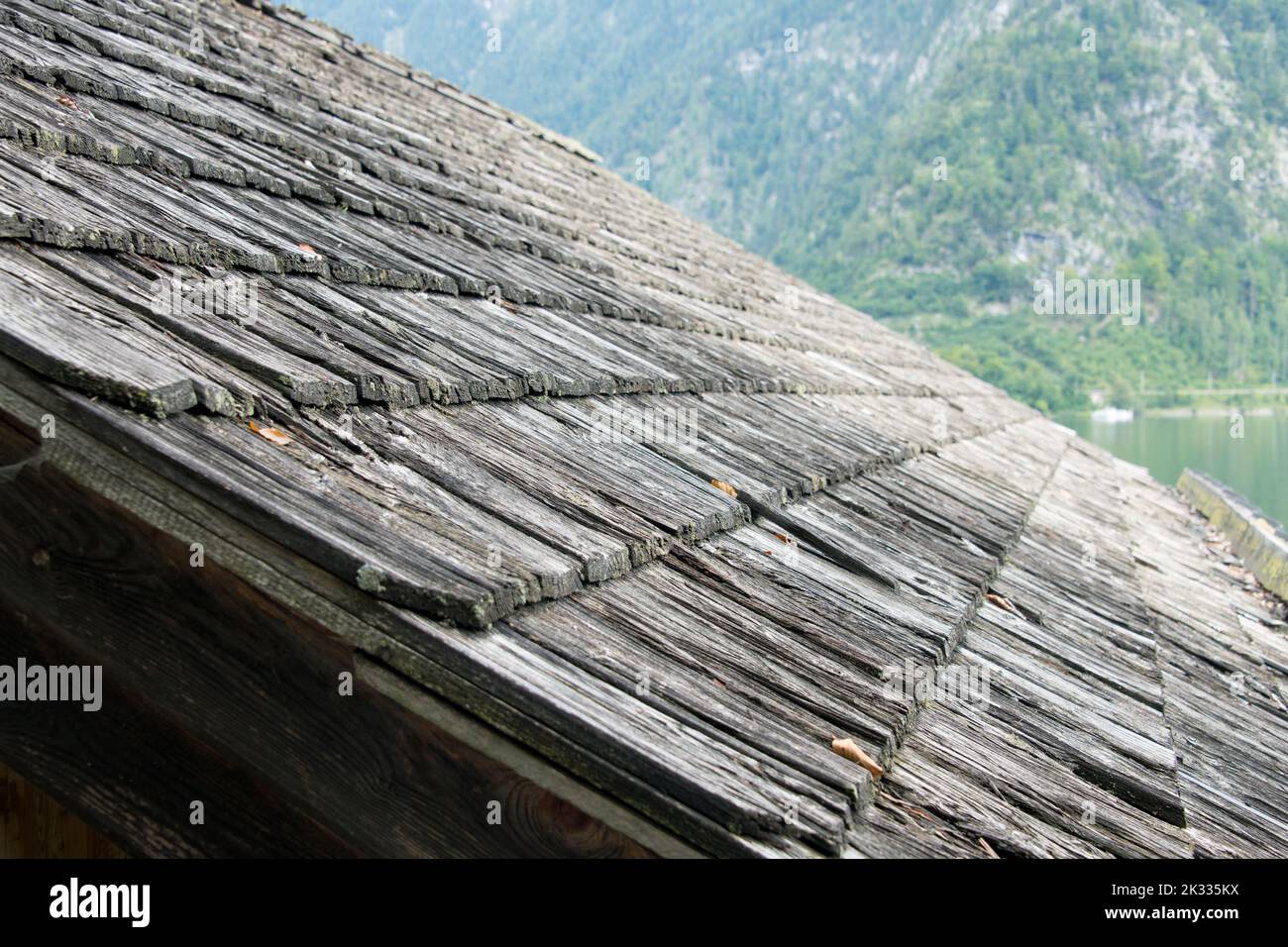 partial view close up of an old roof made of overlapping wood wooden ...