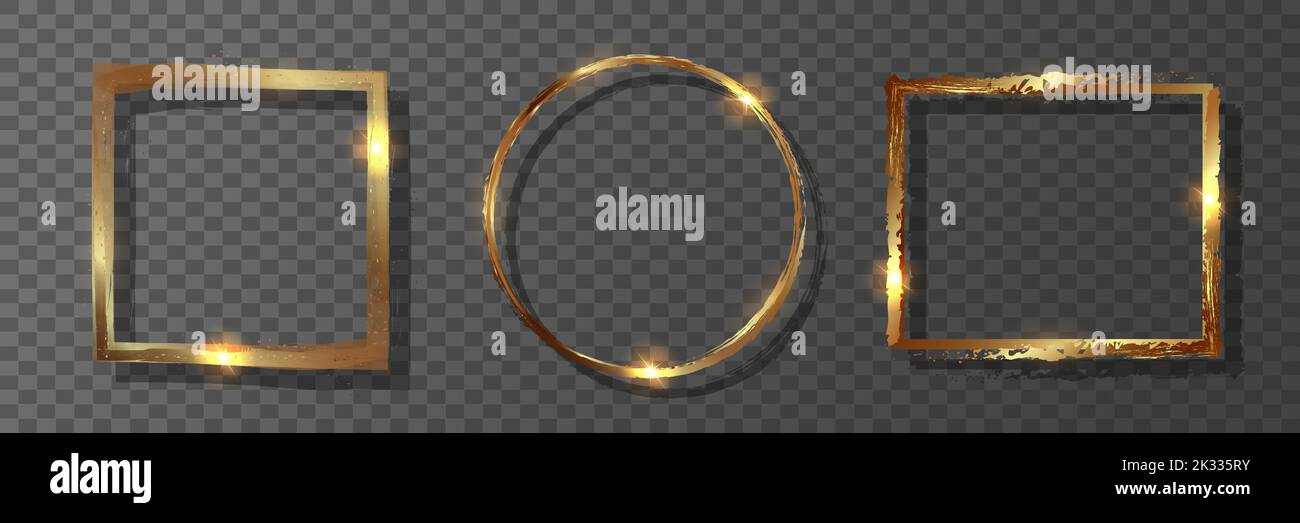 Shiny glowing golden frames. Decorative geometric metal frames made of ...