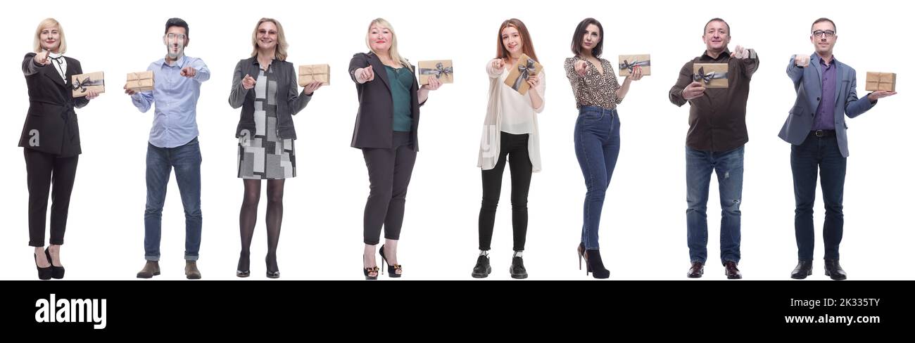 group of happy people with gifts in their hands isolated Stock Photo ...