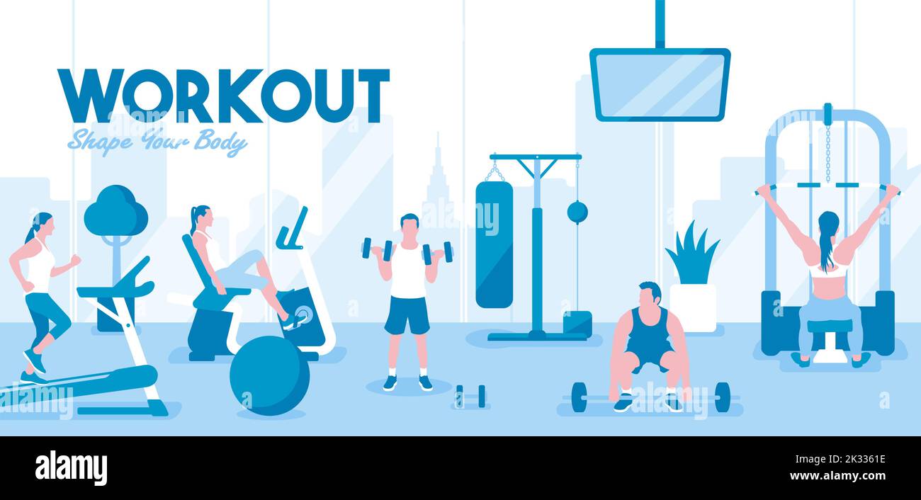 People working out at the gym. Horizontal vector banner illustration ...