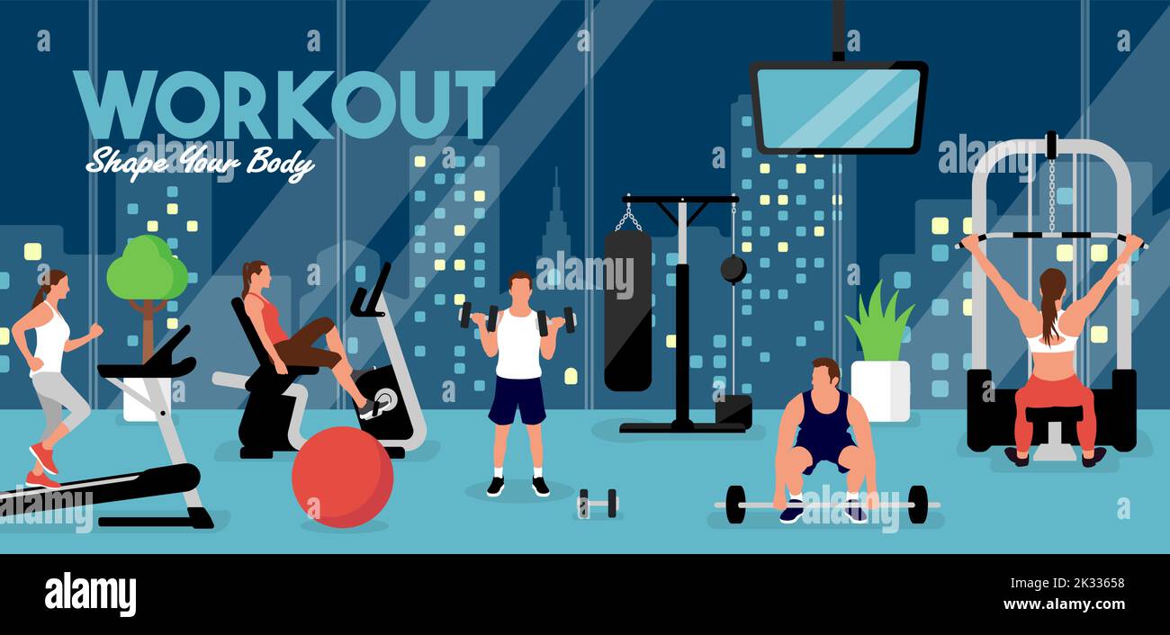 People working out at the gym. Horizontal vector banner illustration ...
