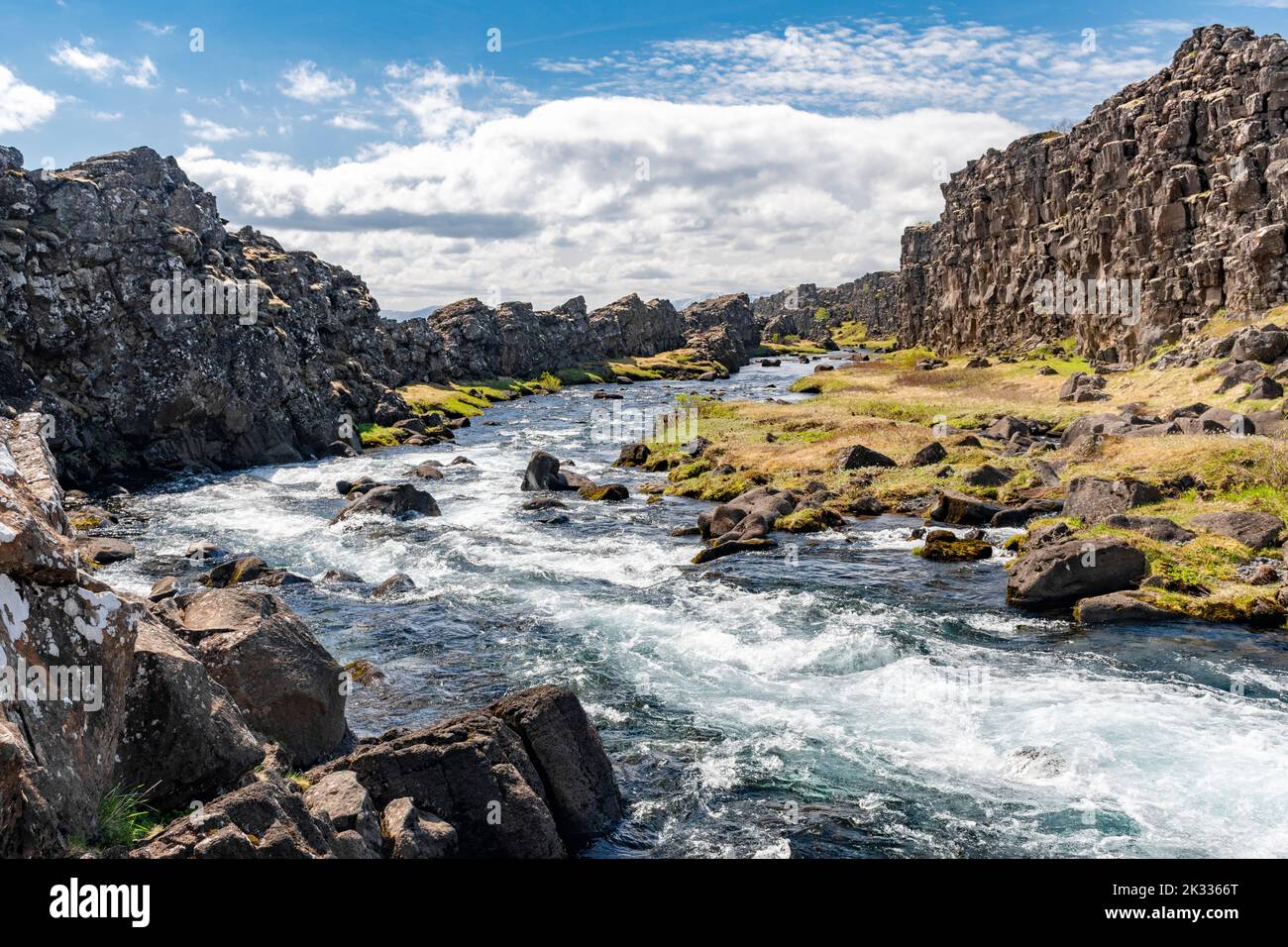 The river Oxara flowing through the Almannagja rift in the Thingvellir ...
