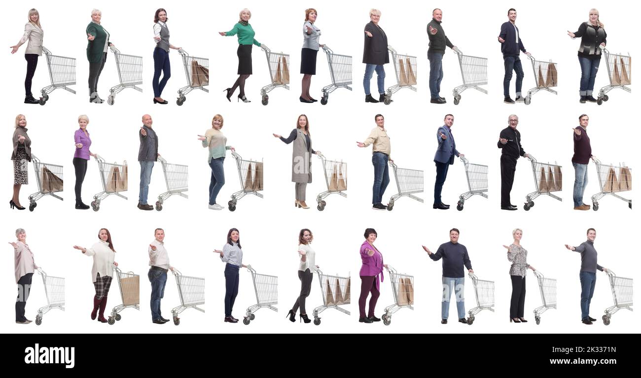 group of people with shopping cart on white Stock Photo - Alamy