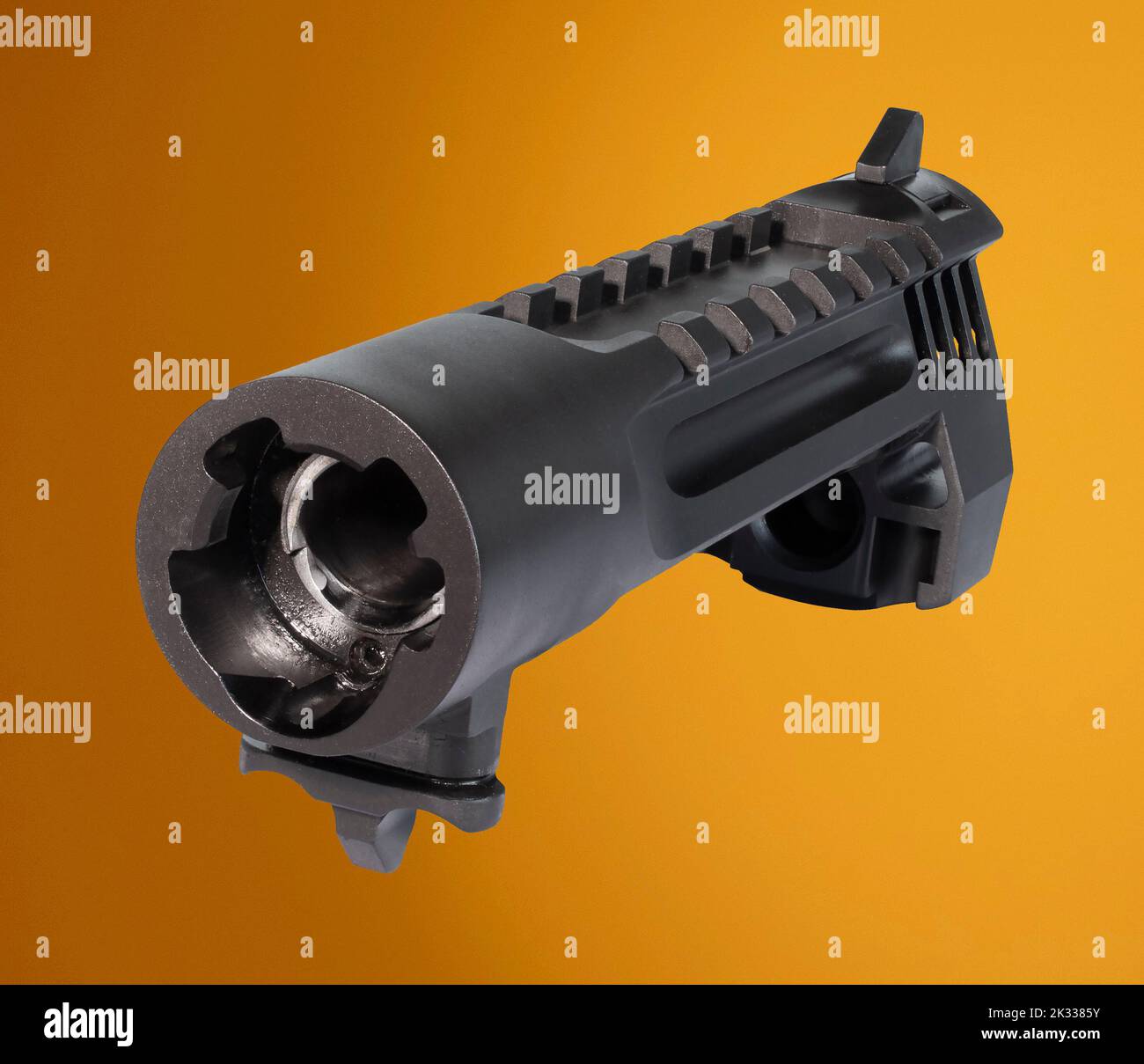 Semi-automatic handgun slide and barrel that are seen from the chamber ...