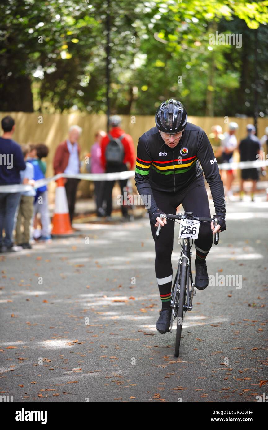 Stephen Prowse (rider No. 256) straining as they race up Swains Lane in ...