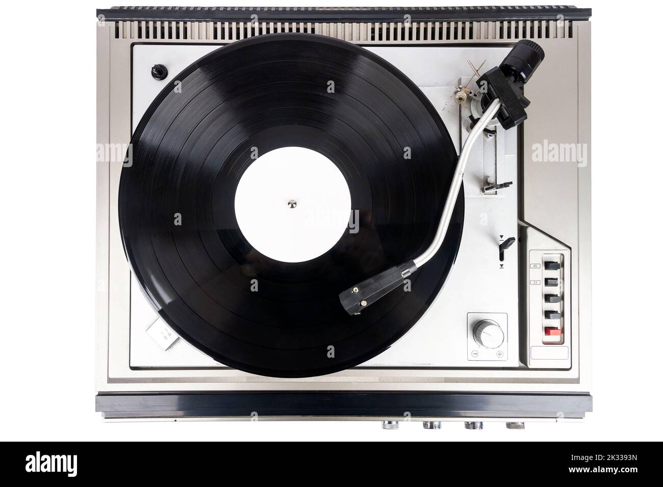 Vintage turntable record player with black vinyl isolated on white ...