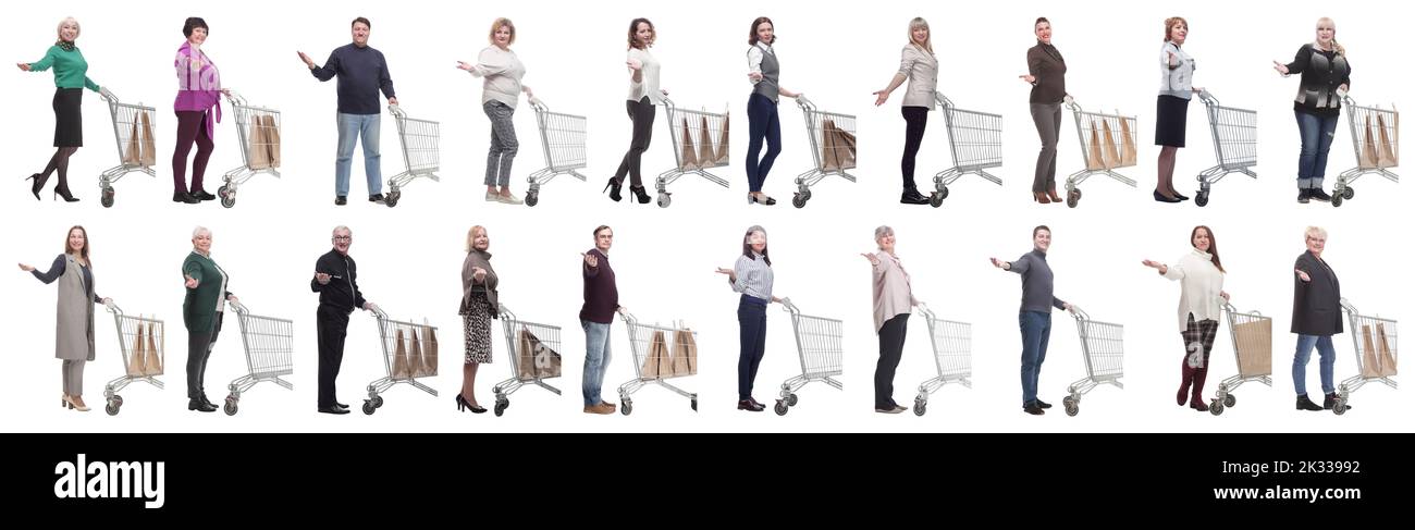 group of people with shopping cart on white Stock Photo - Alamy