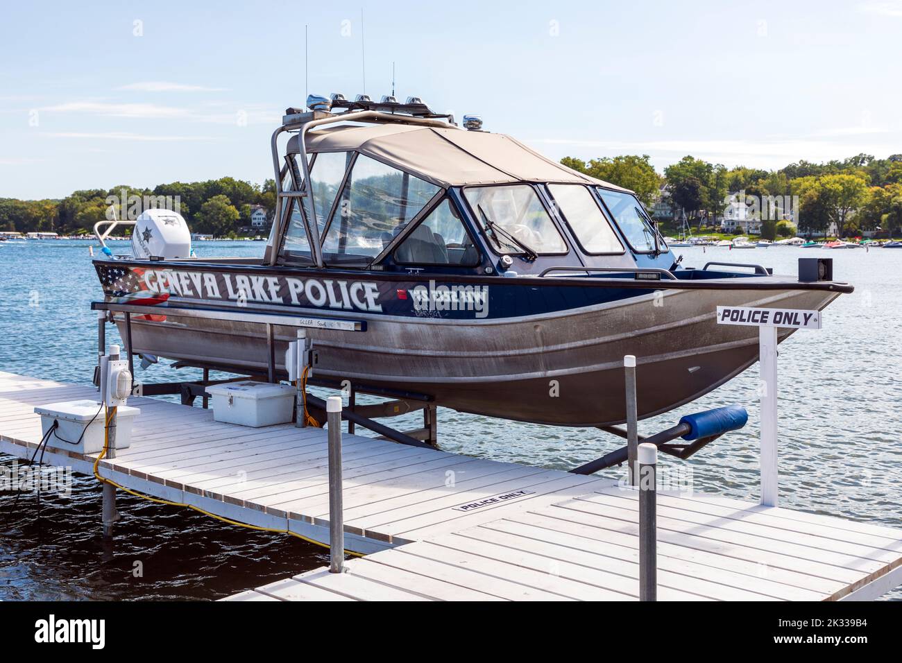 Police patrol boat berthed at the municipal pier at Fontana, used to ...
