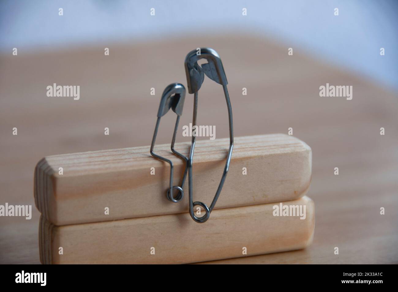 Model safety pin of parent and child sitting on wooden block with ...