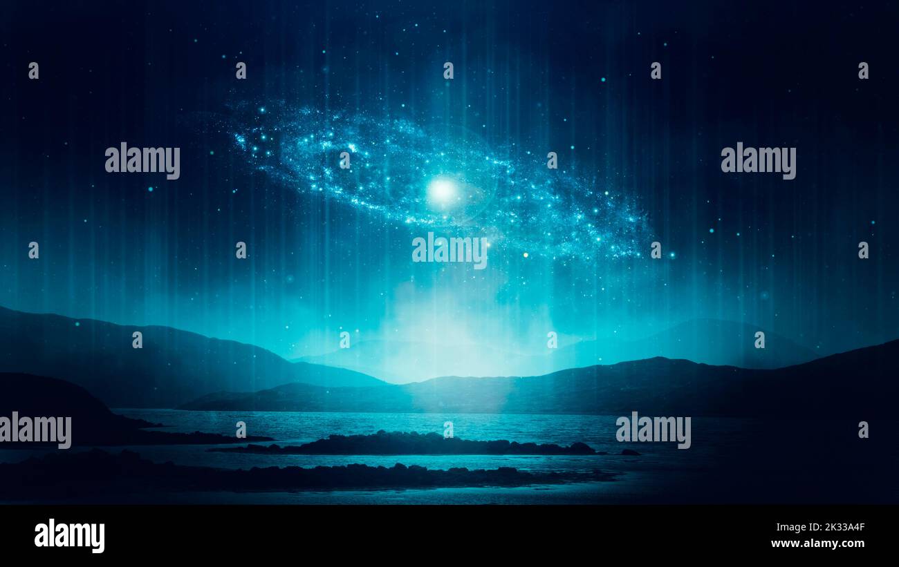 A science fiction concept of planet with mountains looking at the night ...