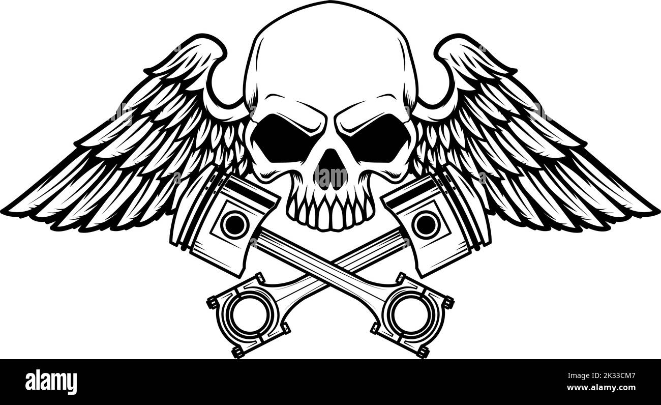 Winged skull with crossed pistons. Design element for emblem, sign ... Winged skull with crossed pistons. Design element for emblem, sign ...