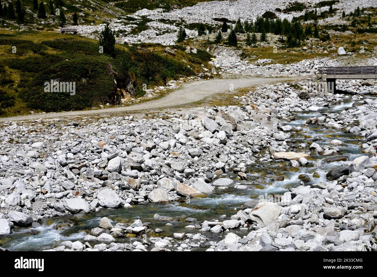 The waters of the mountain stream descend quickly to the valley ...