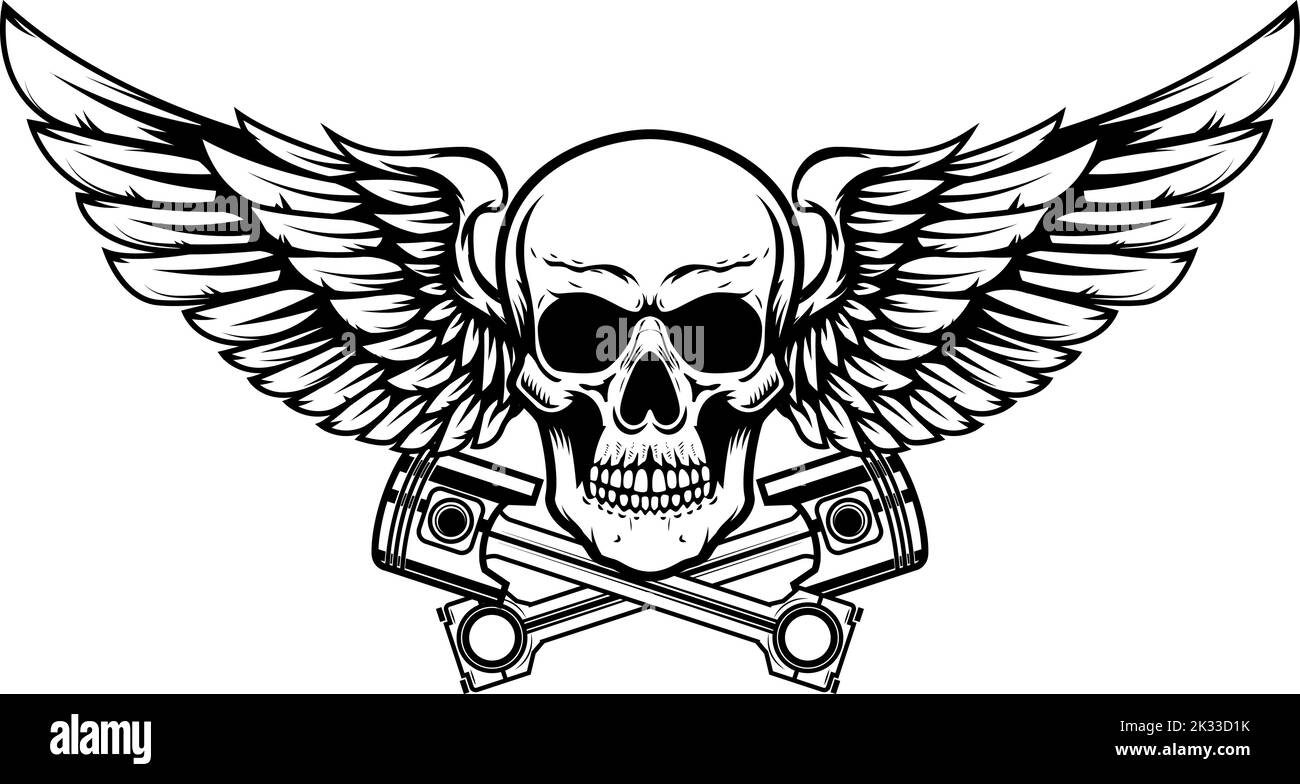 Winged skull with crossed pistons. Design element for emblem, sign ... Winged skull with crossed pistons. Design element for emblem, sign ...