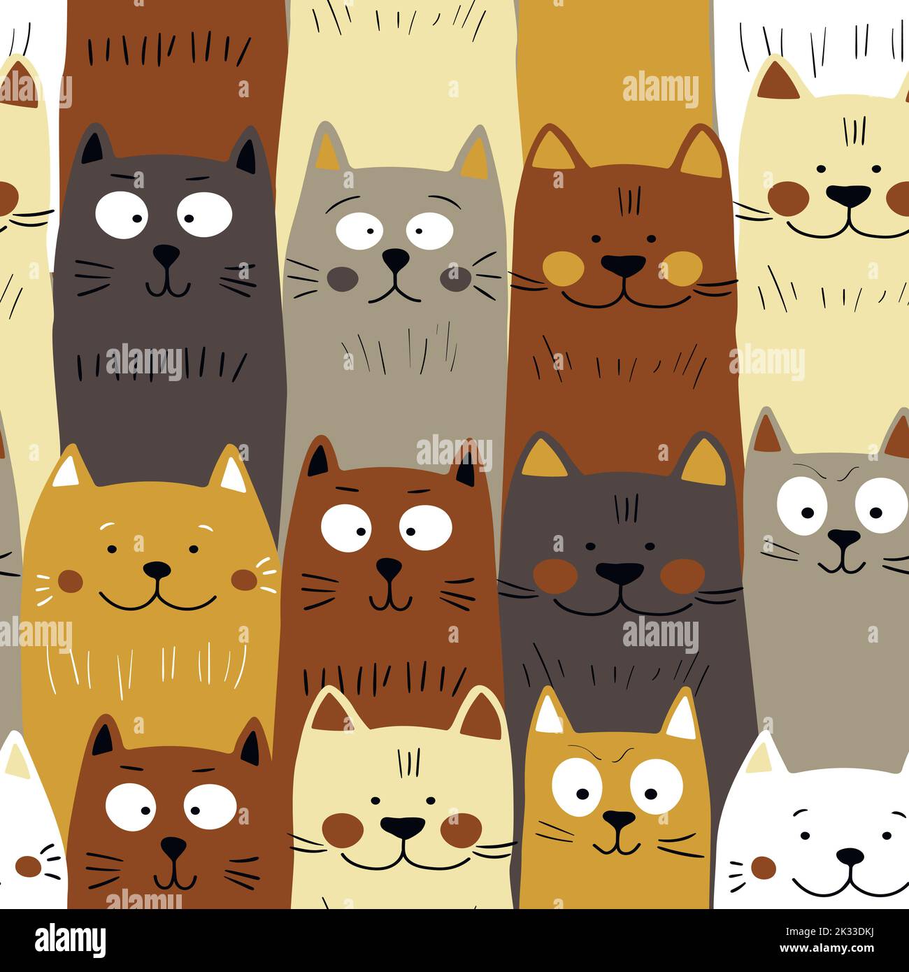 Seamless pattern with cute kitten print. Different scandy cats on color ...