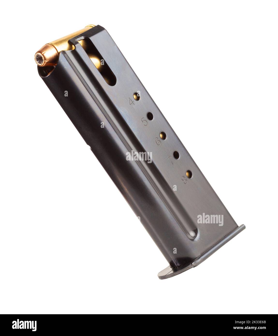 Gun magazine full length with hollow point bullets isolated on a white ...