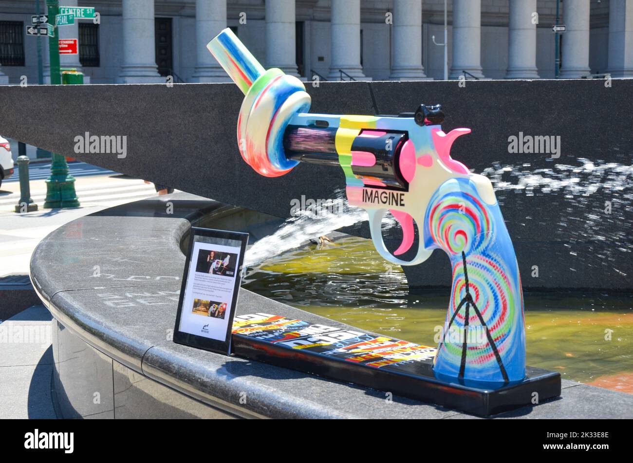 A close-up shot of a sculpture of a gun to support the survivors and ...