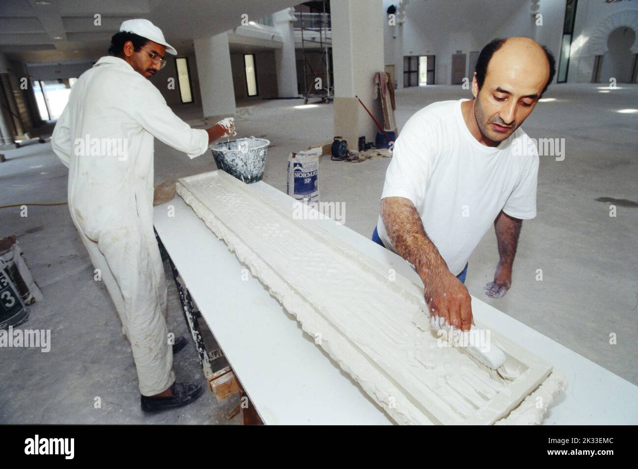 Construction site of Lyons Great Mosque, masters staff and stucco at work, Bron, Rhone-Alps ...