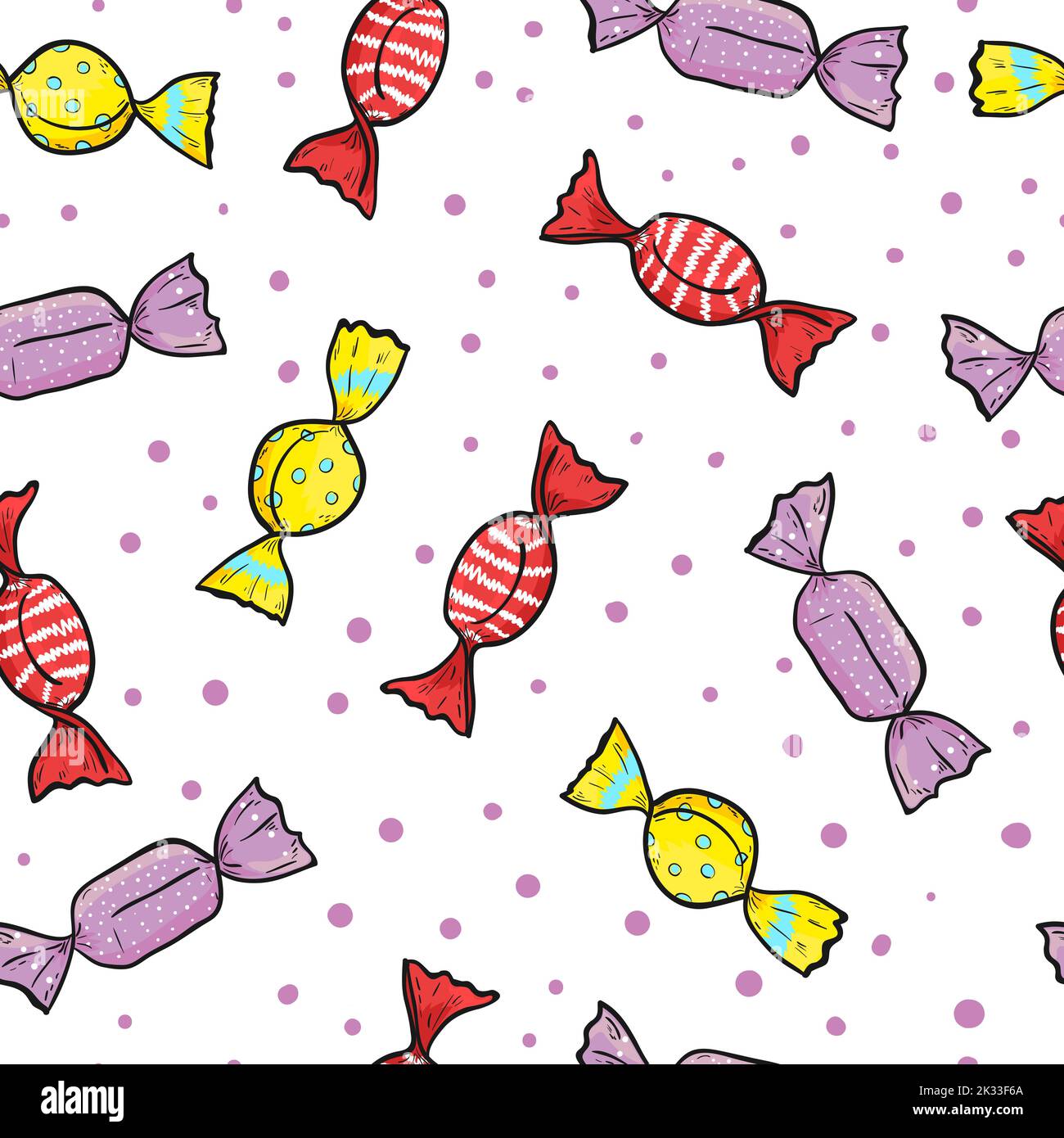 Seamless pattern with colorful cartoon candies. Vector sweets ...