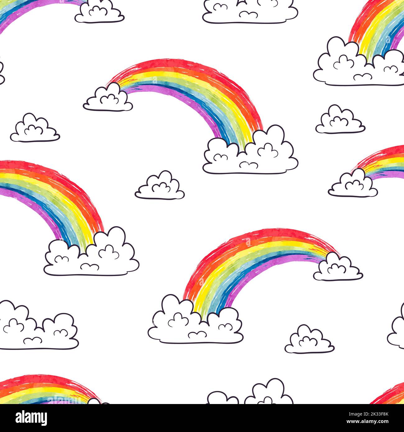 Watercolor rainbows and clouds seamless pattern. Colorful cartoon vector sky background Stock ...