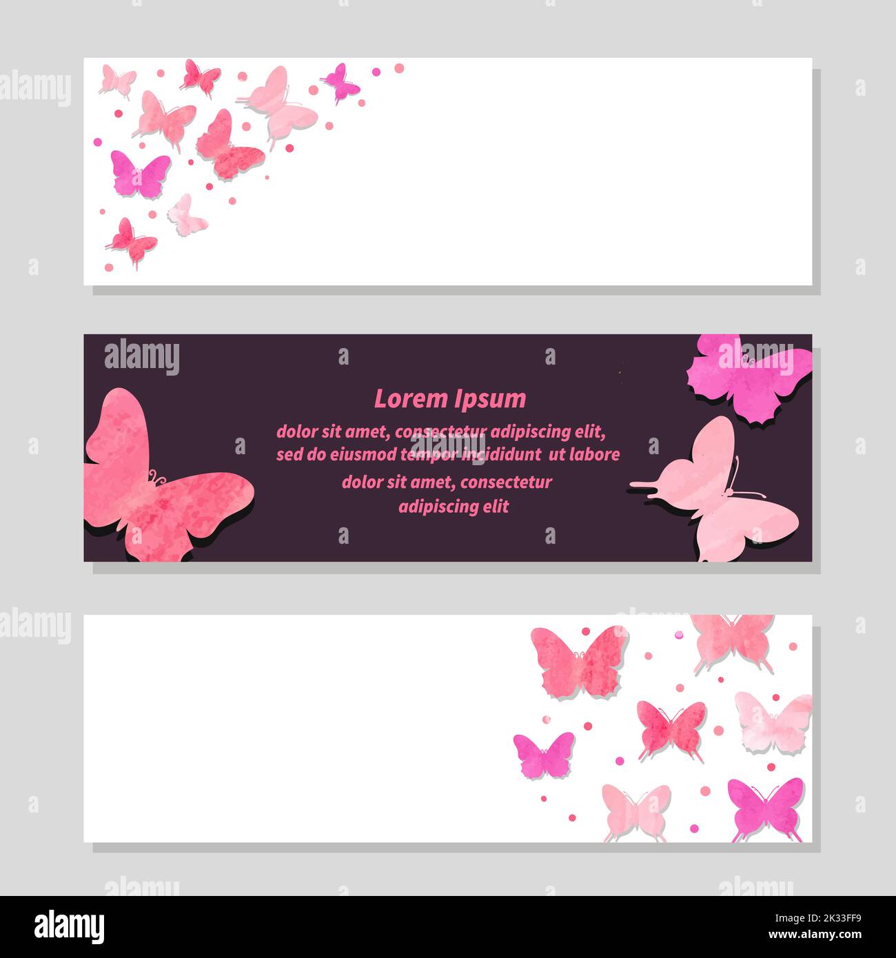 Set of romantic banners with pink butterflies. Vector illustration ...