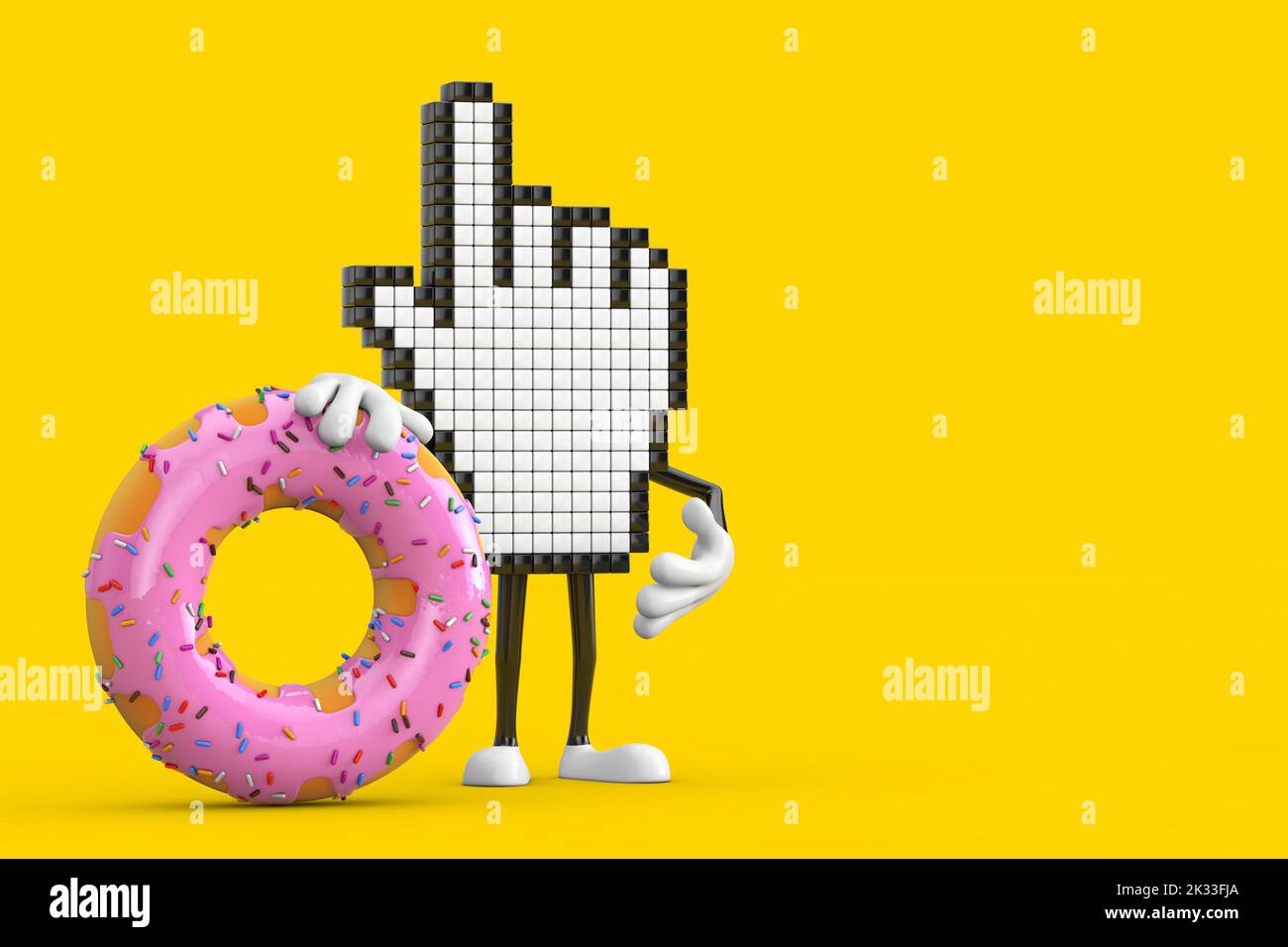 Pixel Hand Cursor Mascot Person Character with Big Strawberry Pink Glazed Donut on a yellow ...