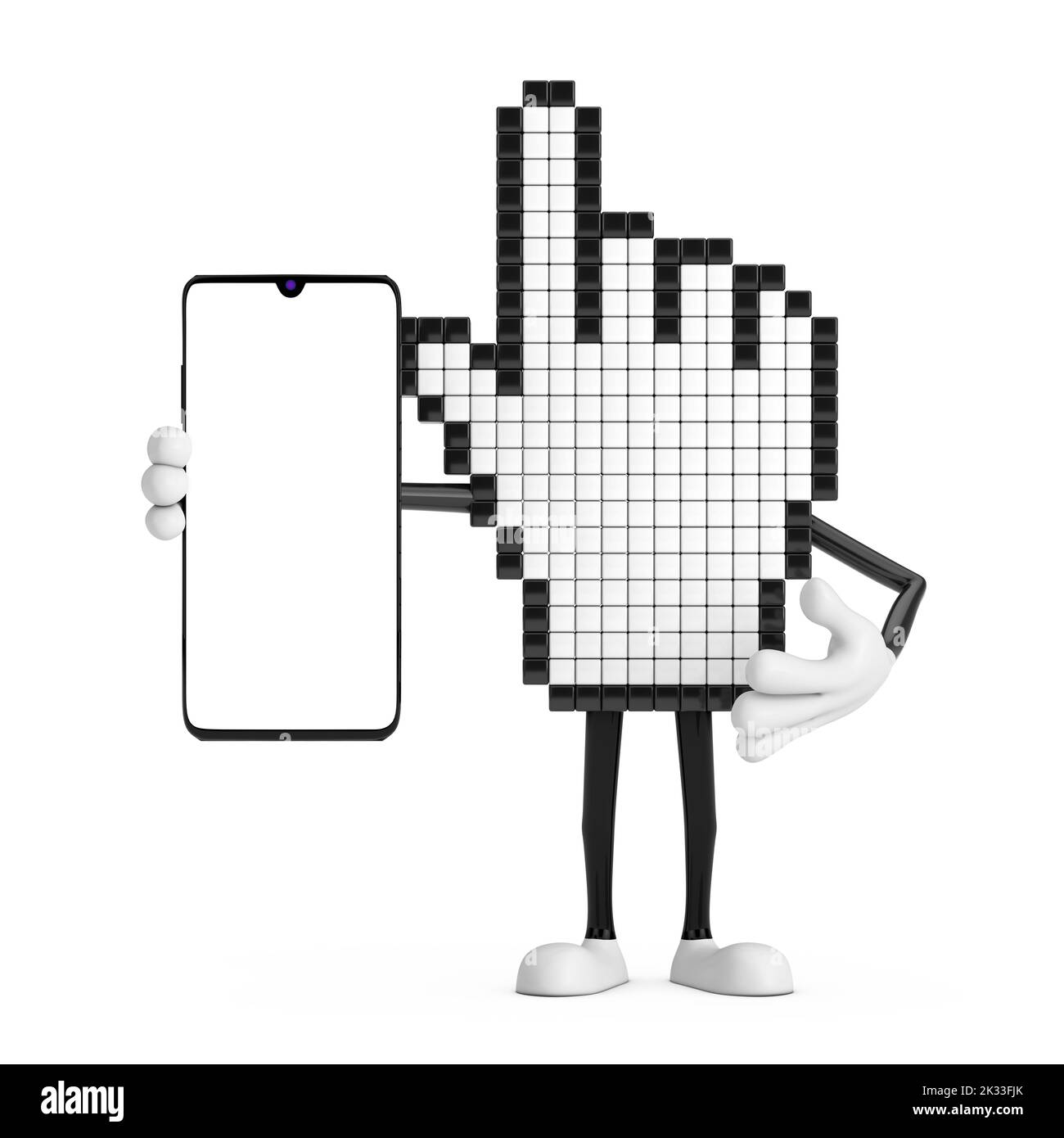 Pixel Hand Cursor Mascot Person Character and Modern Mobile Phone with Blank Screen for Your ...