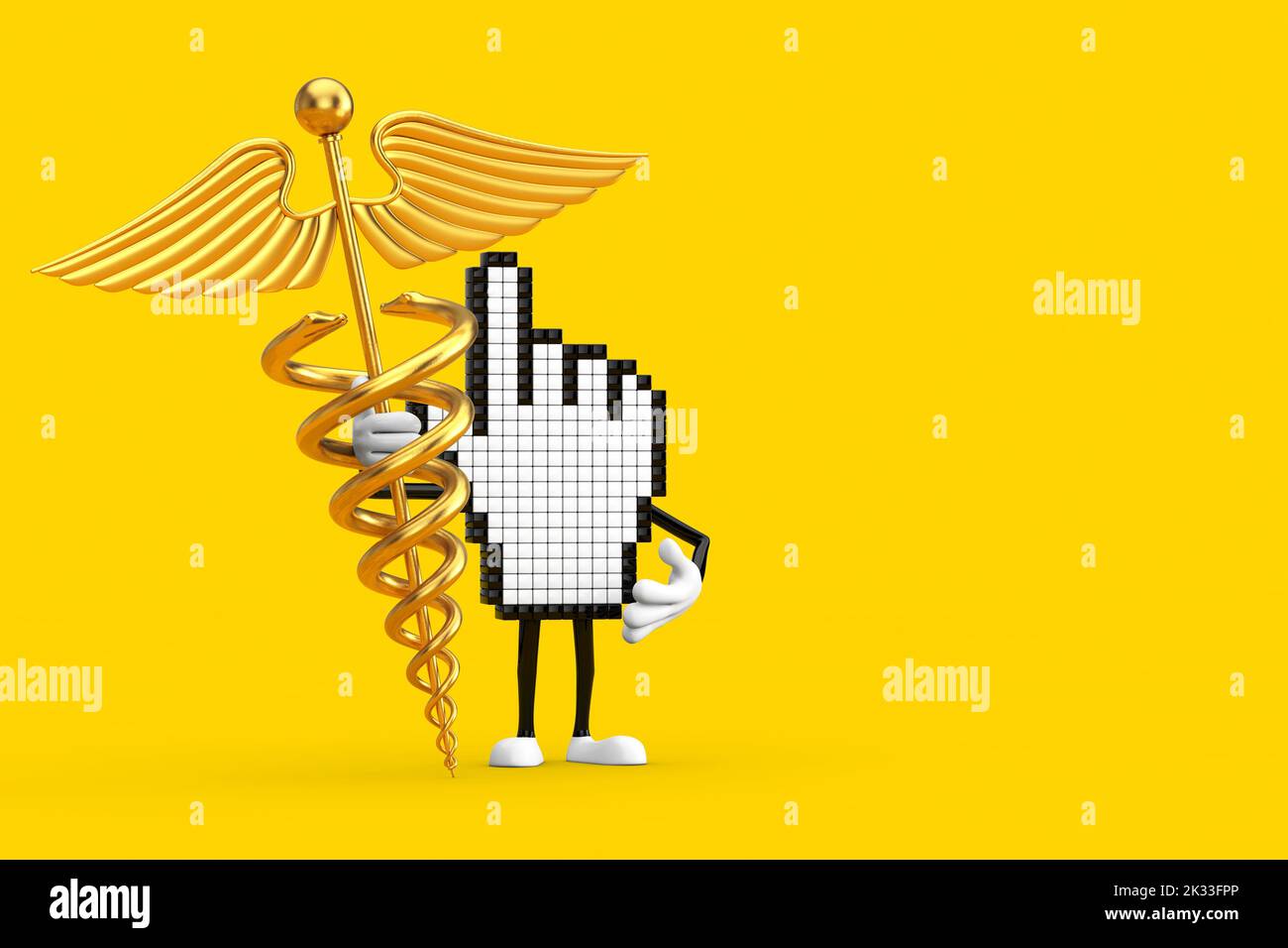Pixel Hand Cursor Mascot Person Character with Golden Medical Caduceus Symbol on a yellow ...