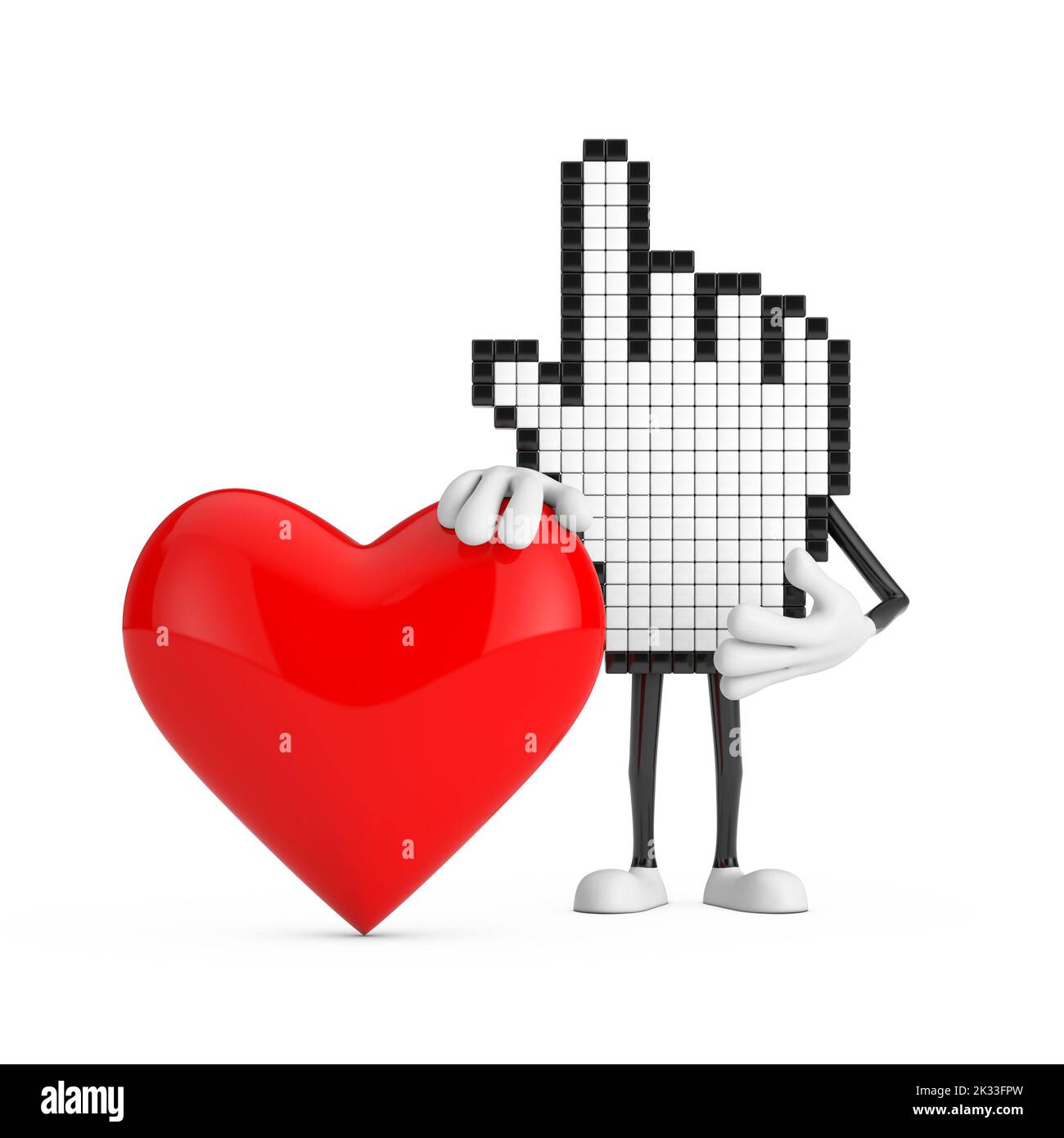 Pixel Hand Cursor Mascot Person Character with Red Heart on a white ...